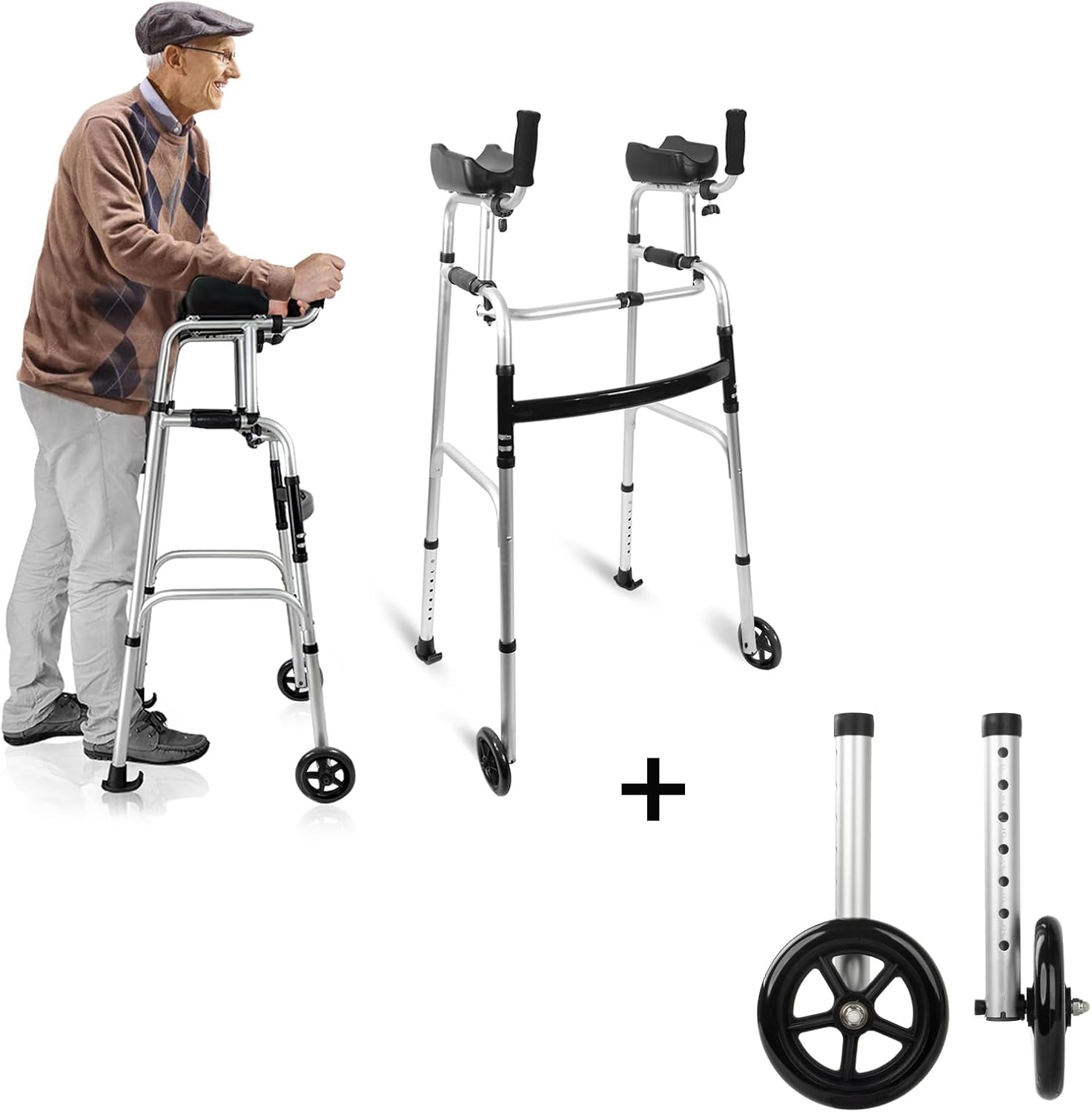 Foldable Stand Up Walker with Armrest Pad+2 Pack Universal Walker Whee ...